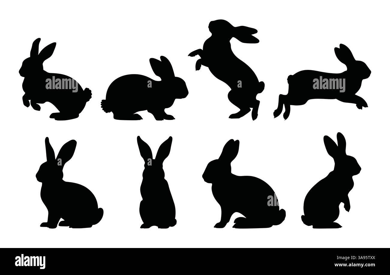 Set of different rabbit silhouettes, isolated on a white background ...