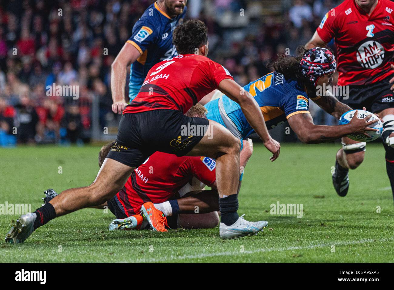 Christchurch, New Zealand, 29 March, 2025. Crusaders players Noah ...