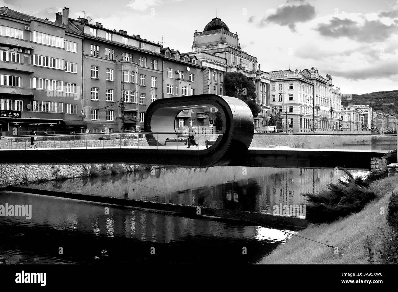 Modern pedestrian footbridge over Black and White Stock Photos & Images ...