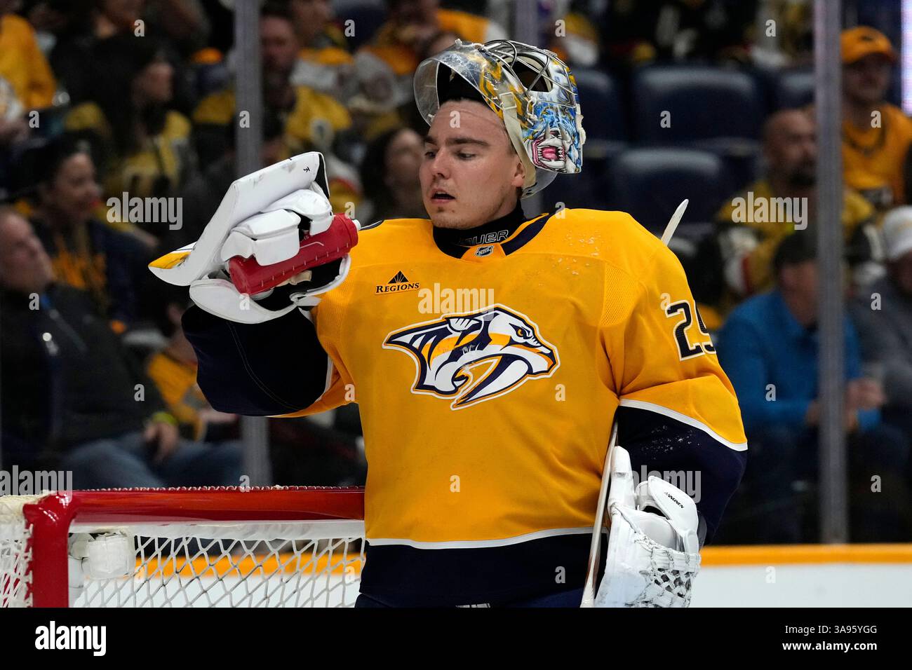 Nashville Predators goaltender Justus Annunen plays against the Vegas ...