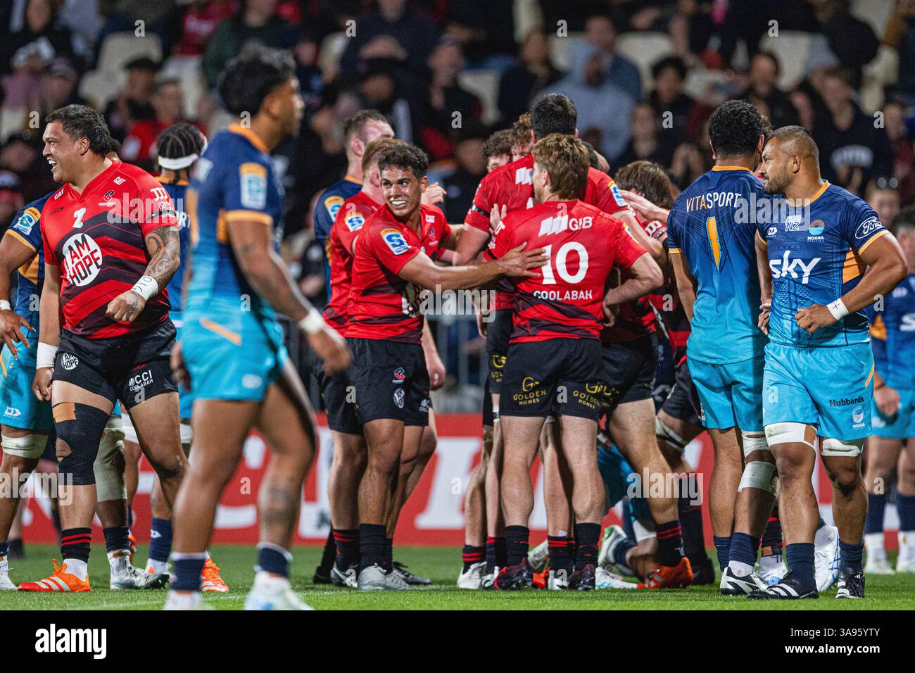 Christchurch, NEW ZEALAND - March 29: The Crusaders players celebrate ...