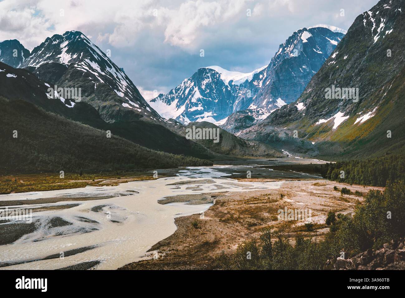 Lyngen Alps landscape in Norway glacier mountains and river arctic ...