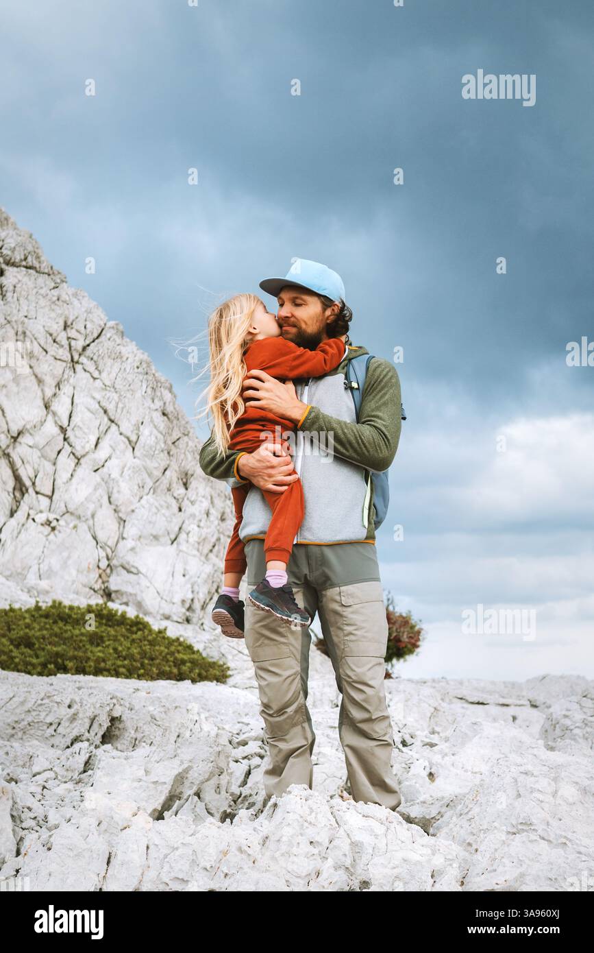 Father and child traveling together happy family lifestyle outdoor ...