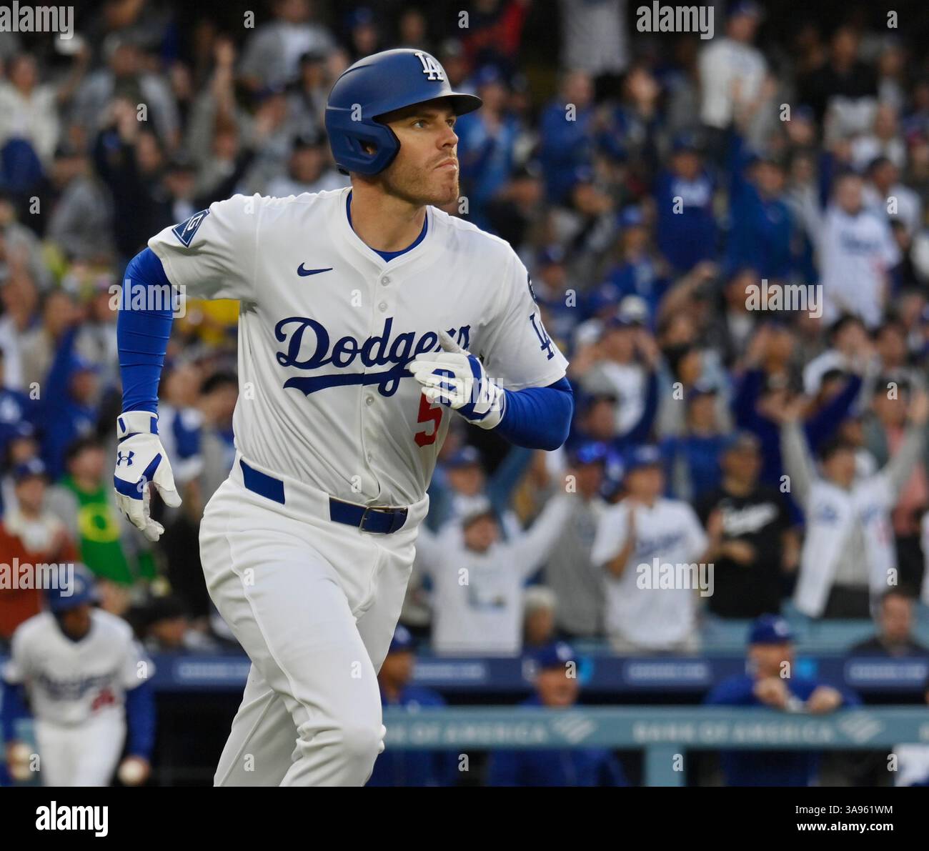 Los Angeles Dodgers first baseman Freddie Freeman hits a solo home run ...