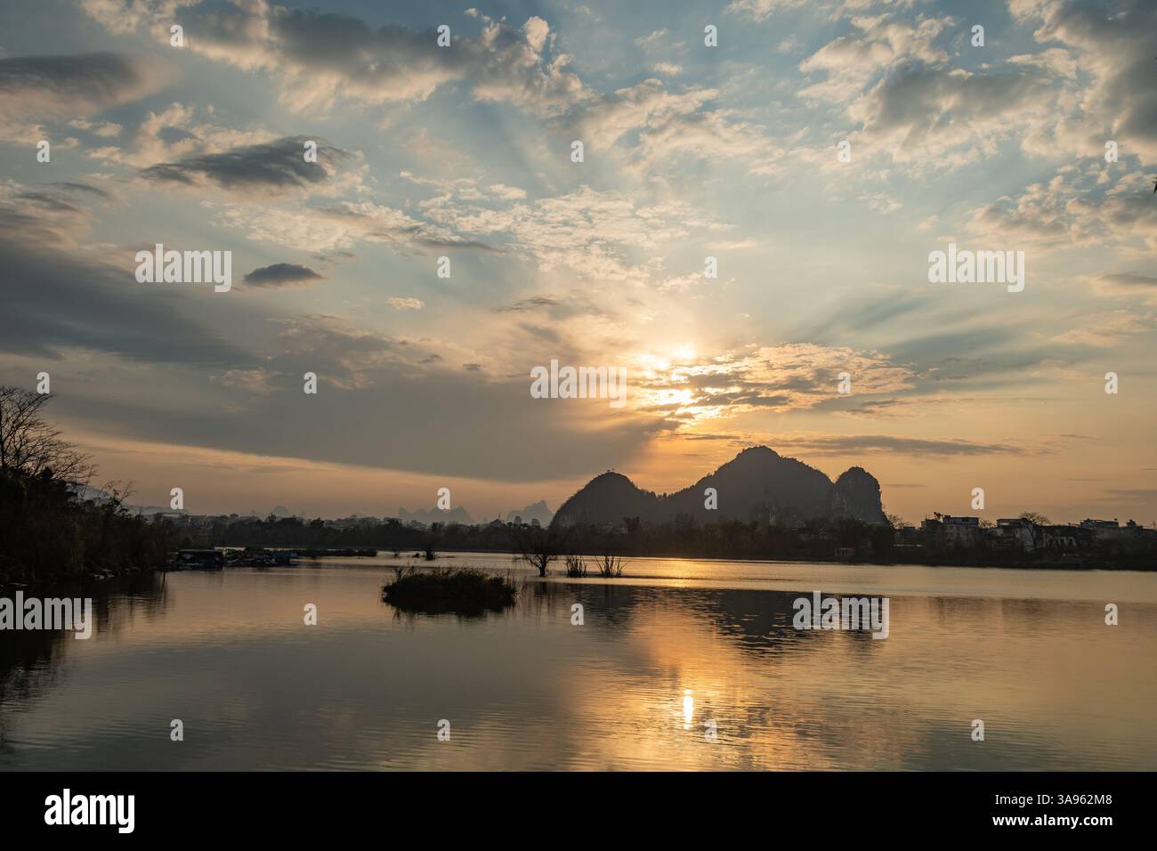 Celestial Dawn on Li River: Golden Mist Rising Between Emerald Karst ...