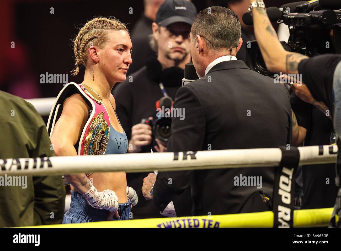 March 29, 2025: Welterweight Mikaela Mayer speaks to a reporter after ...