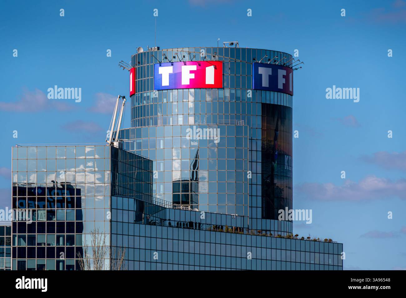 Distant view of the TF1 tower, headquarters of Télévision Française 1 ...