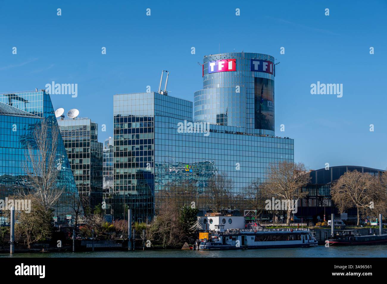 Distant view of the TF1 tower, headquarters of Télévision Française 1 ...