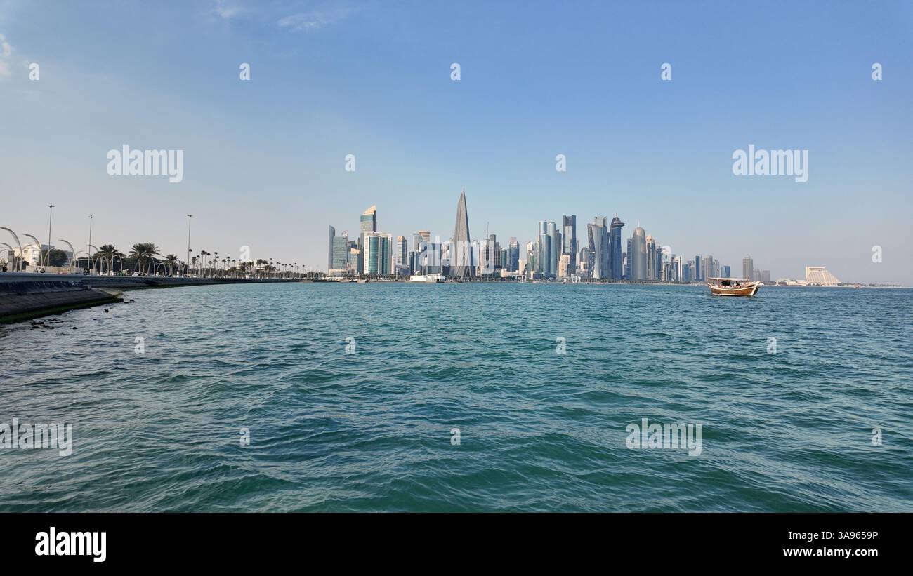 doha katar 2 february 2025. City skyline viewed from water with ...