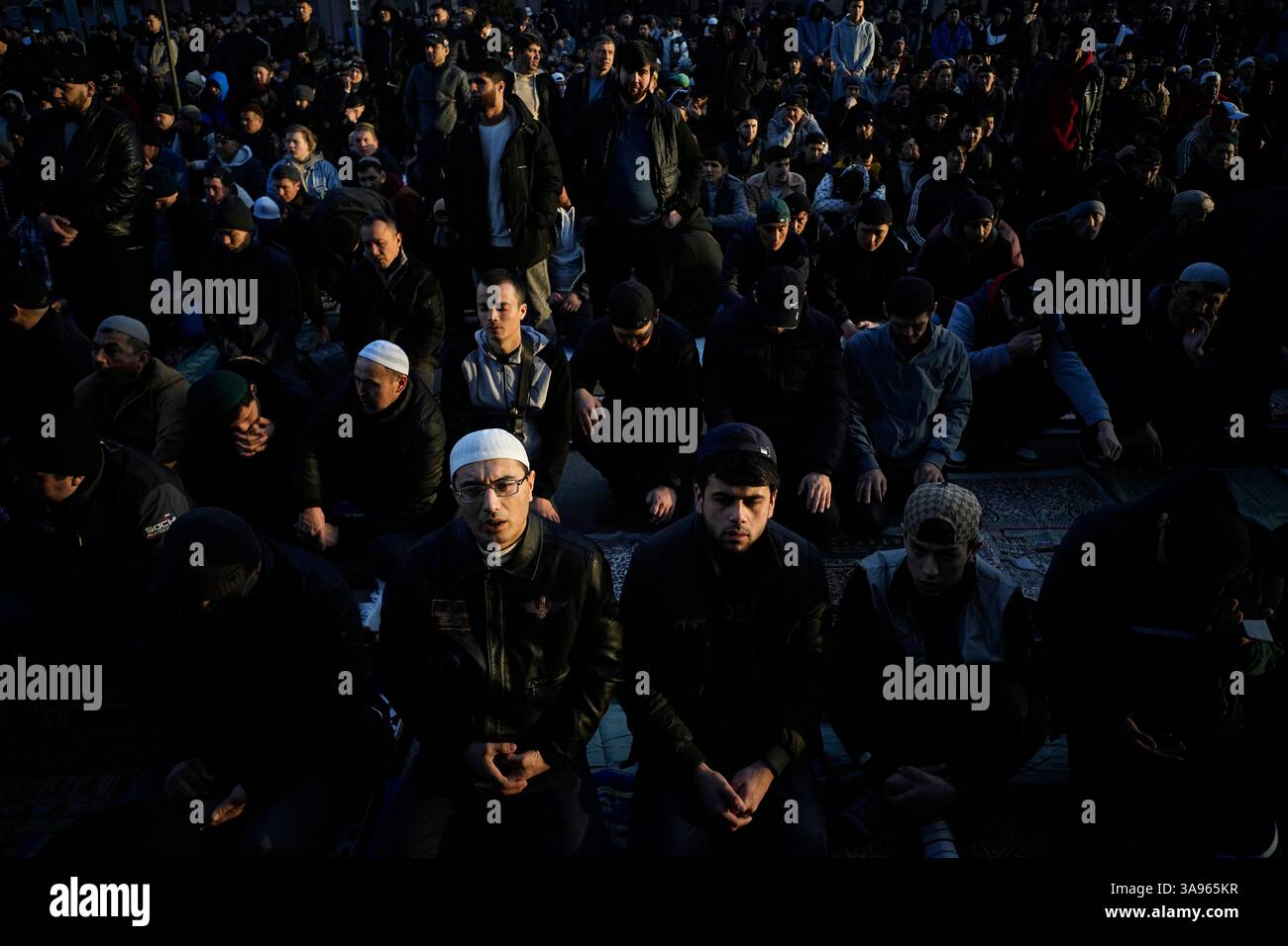 Muslim worshippers attend mass Eid al-Fitr prayer outside of the Moscow ...
