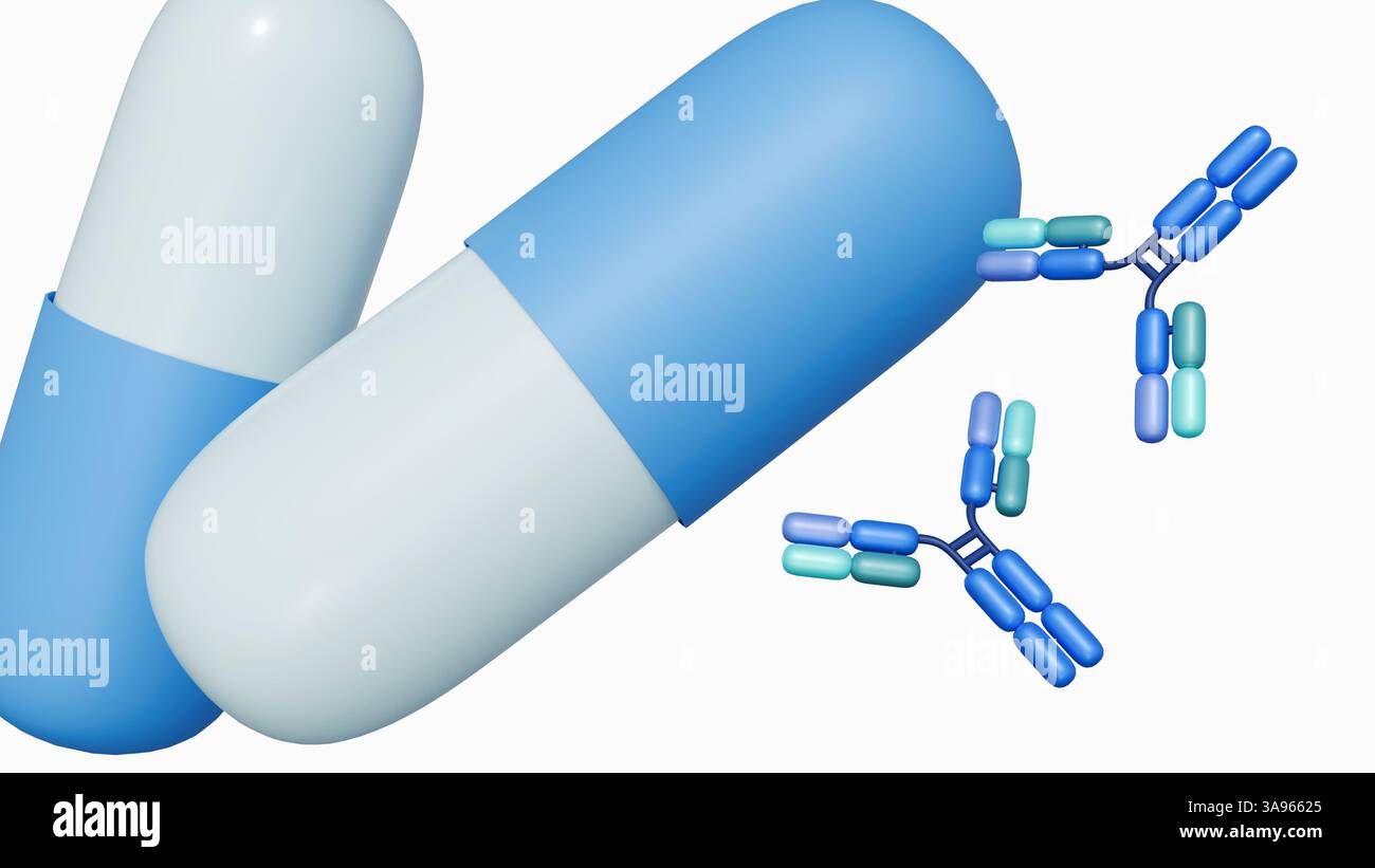 A 3d rendering of drug capsule and scattered antibody molecules ...