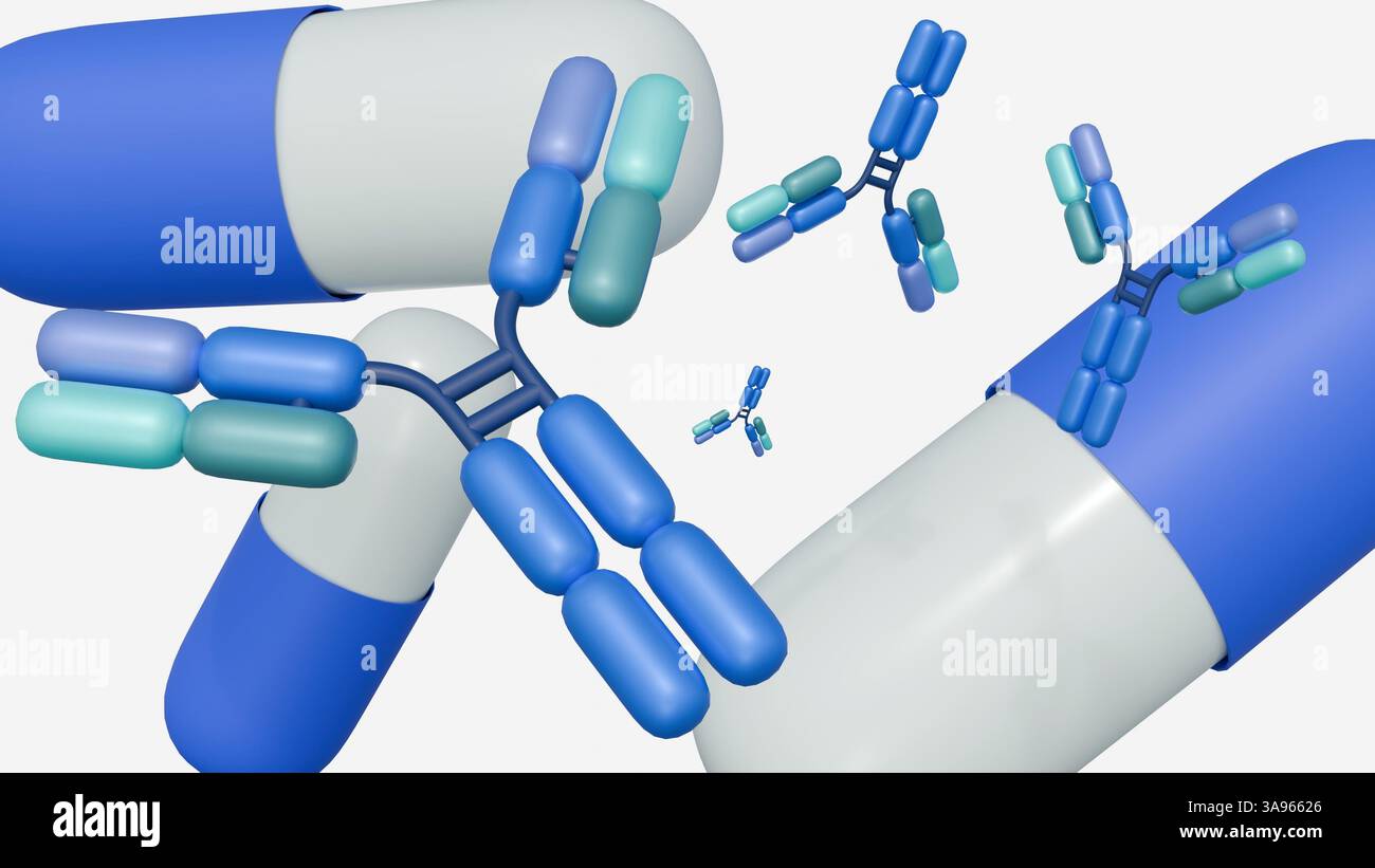 A 3d rendering of drug capsule and scattered antibody molecules ...