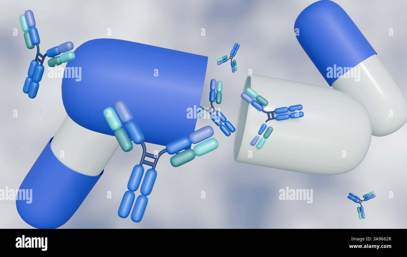 A 3d rendering of drug capsule and scattered antibody molecules ...