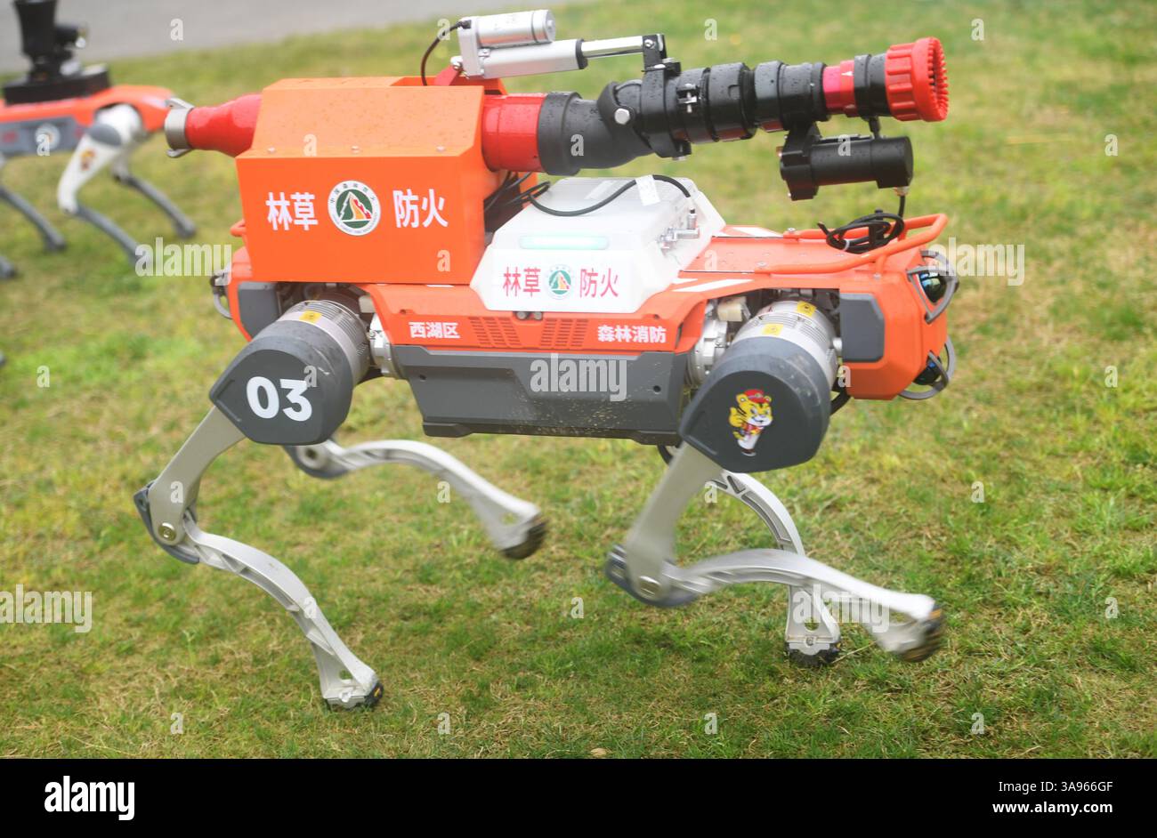 A forest fire fighting intelligent robot dog is displayed at Longwu tea ...