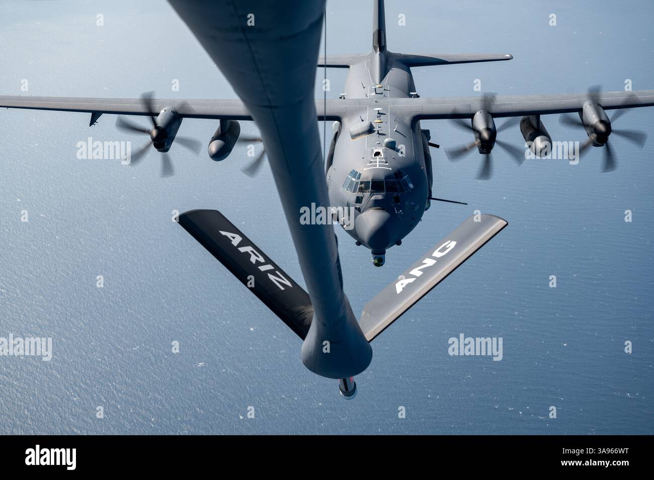 A U.S. Air Force AC-130J Ghostrider prepares to be refueled over the U ...