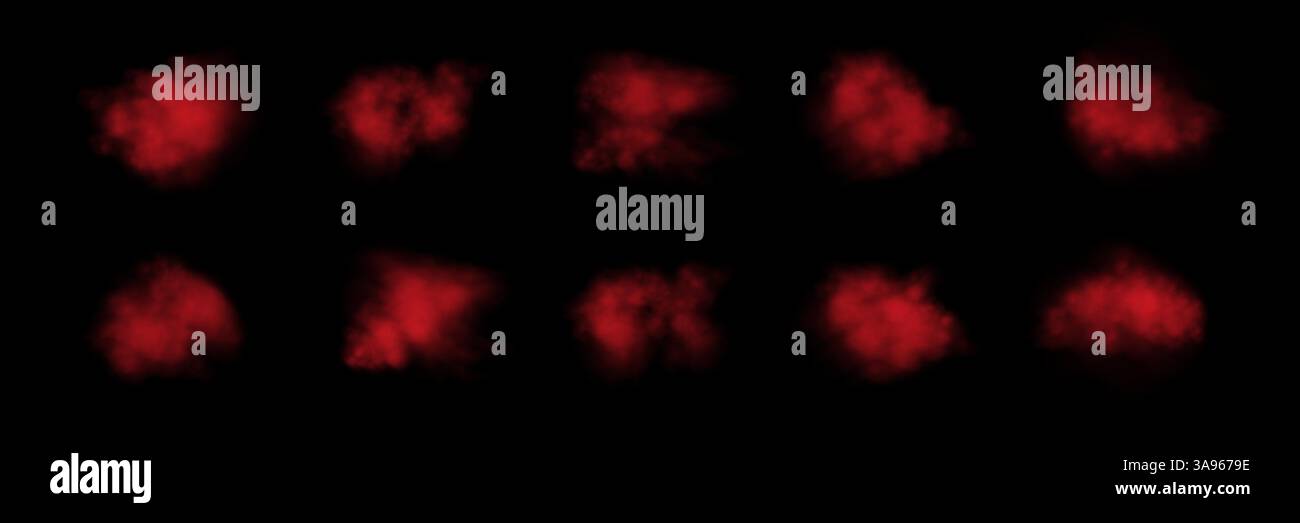Set of realistic red smokes or haze on a black background. Magic fog ...