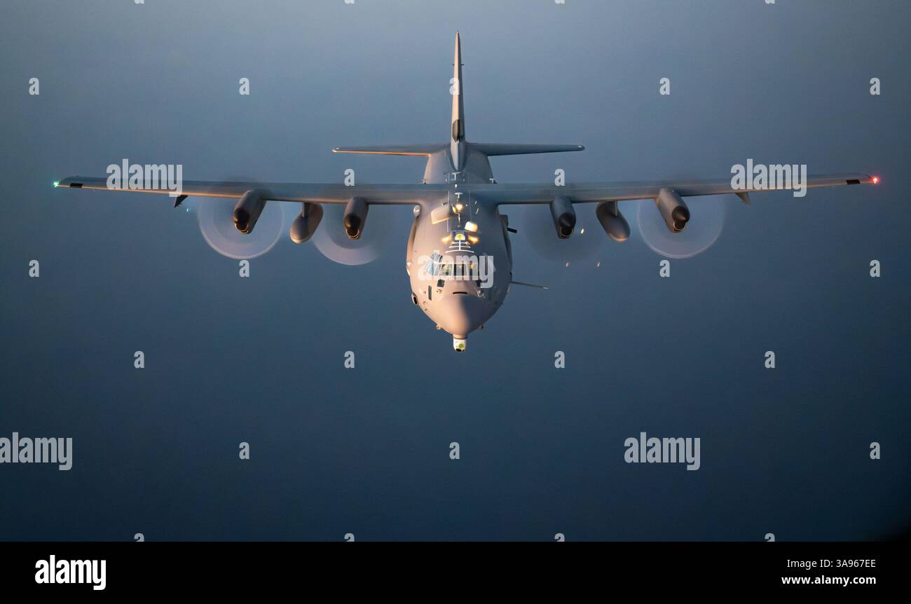 A U.S. Air Force AC-130J Ghostrider performs combat air patrols over the U.S. Central Command ...