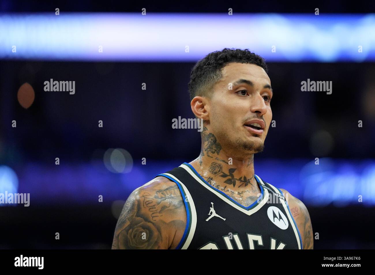 Milwaukee Bucks' Kyle Kuzma during the first half of an NBA basketball ...
