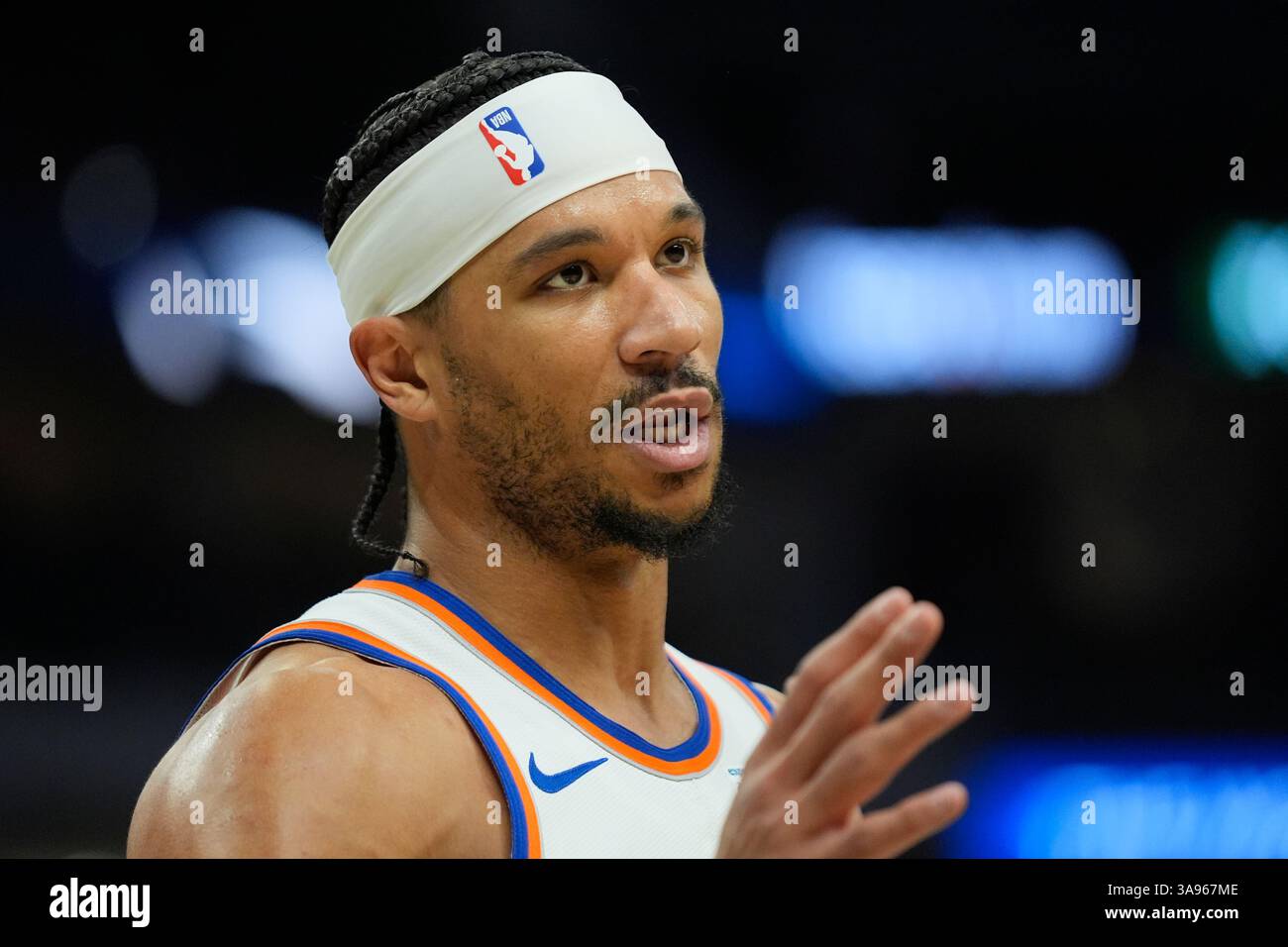 New York Knicks' Josh Hart talks to an official during the first half ...