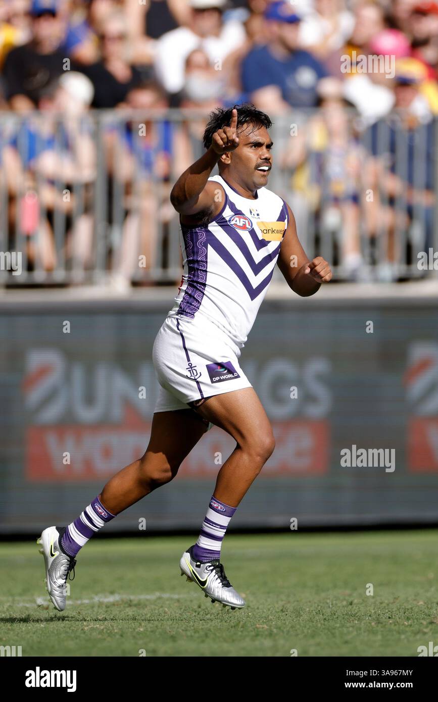 Isaiah Dudley of the Dockers celebrates after kicking a goal during the ...
