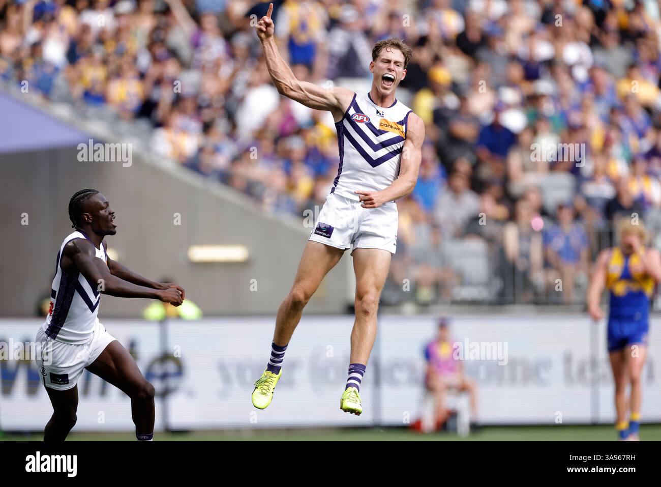 Matthew Johnson of the Dockers celebrates after kicking a goal during ...