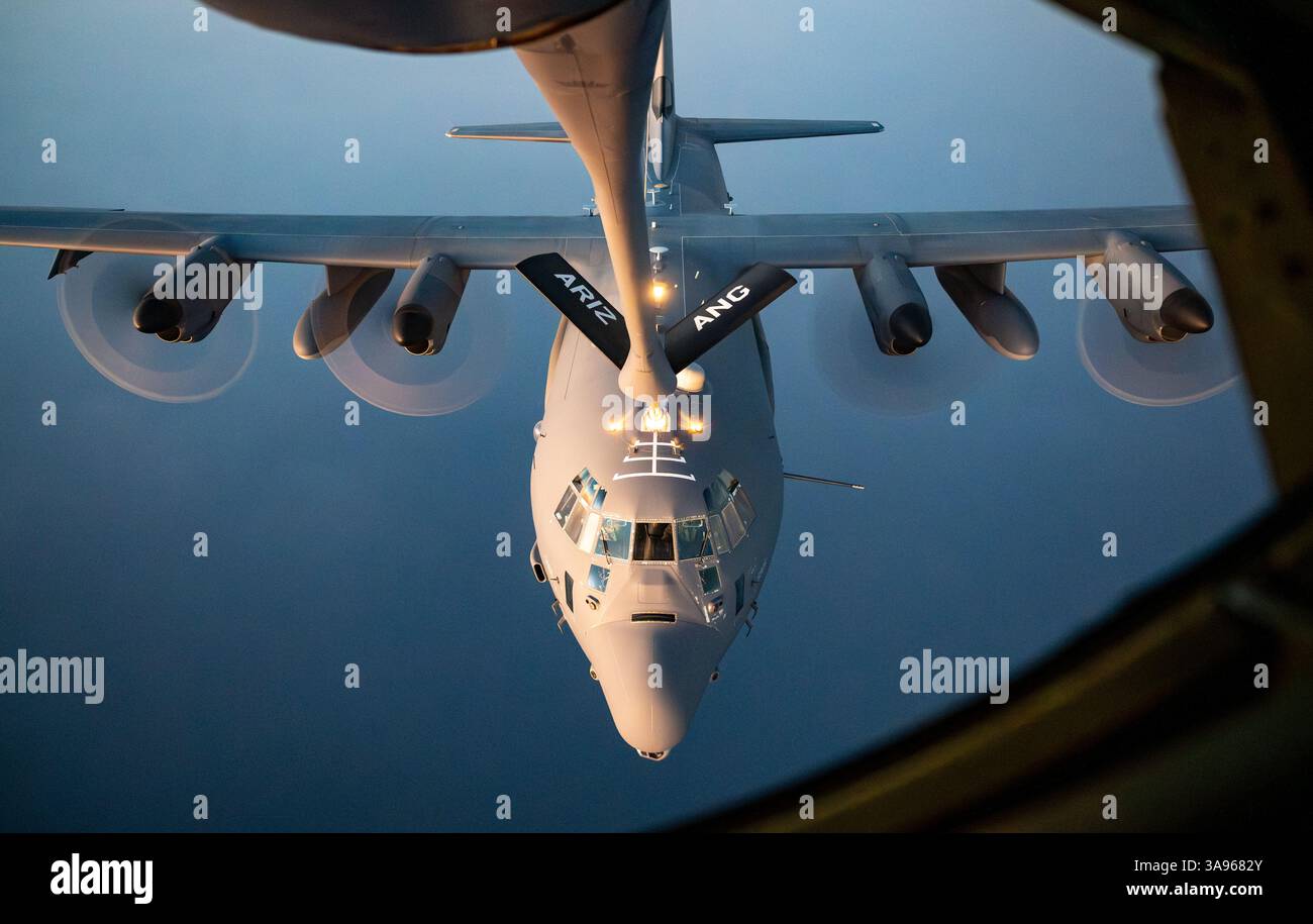 A U.S. Air Force AC-130J Ghostrider is refueled over the U.S. Central ...
