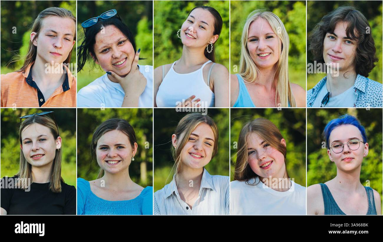 Ten cheerful students are posing for a group photo, enjoying their time ...