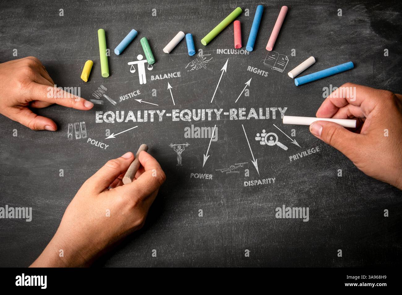 Equality Equity Reality Concept. Illustration with icons, arrows and ...