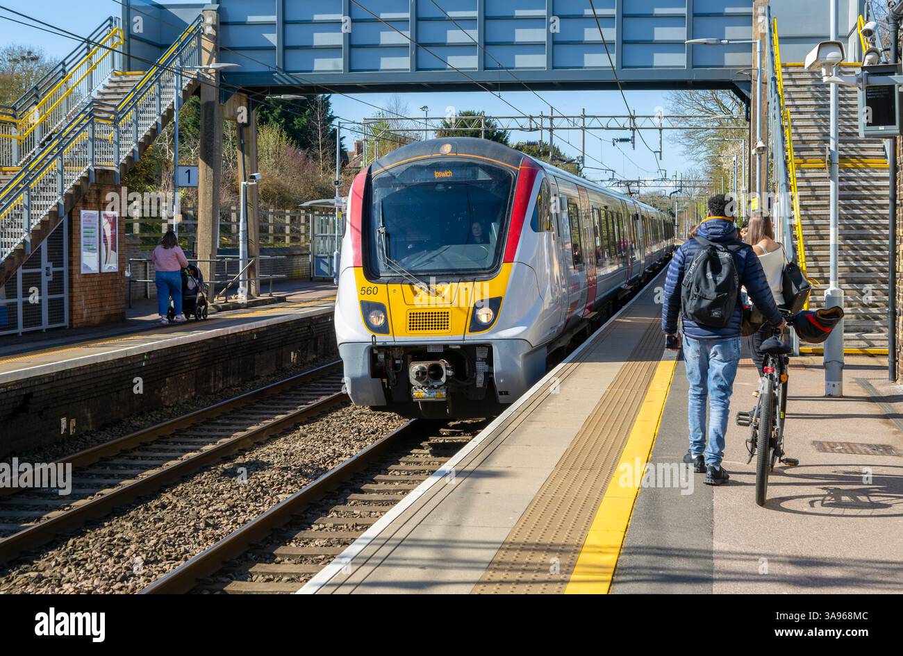 British Rail Class 720 Bombardier Aventra Electric Multiple Unit passenger train at Marks Tey ...