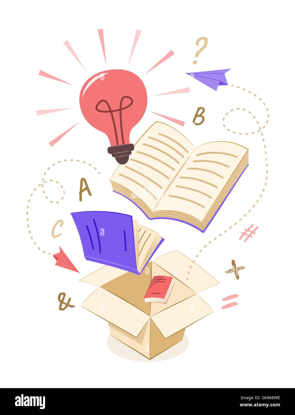 Light Bulb, Books and Paper Plane Bouncing Out of the Box for Thinking Outside the Box and ...