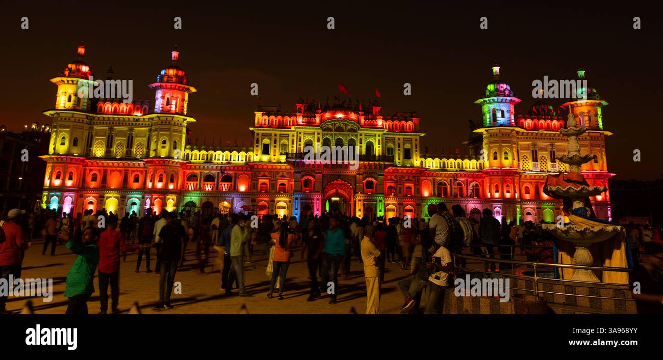 Night photography of Janakpur temple, is located at Dhanusa District of ...