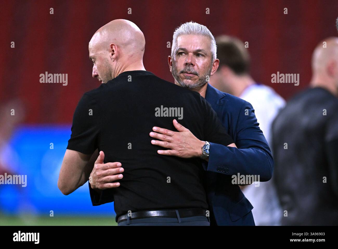 Auckland coach Stephen Corica (right) reacts with Roar coach Ruben ...