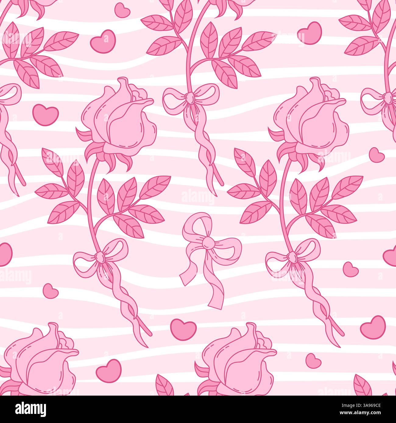 Vintage seamless pattern Coquette Pink Rose with Bow Ribbon on Groovy ...