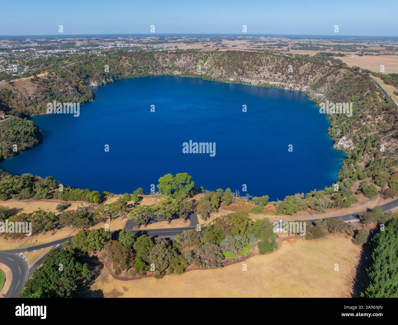Aerial view of The Blue Lake in an extinct volcanic crater at Mount ...