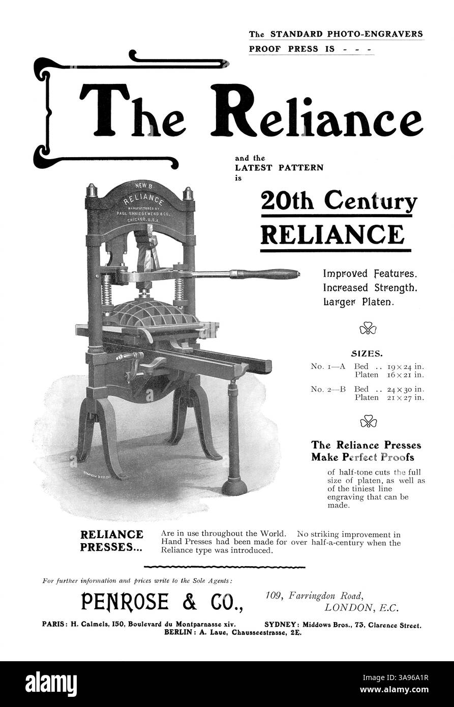 1903 British advertisement for the Penrose Reliant proofing press for ...