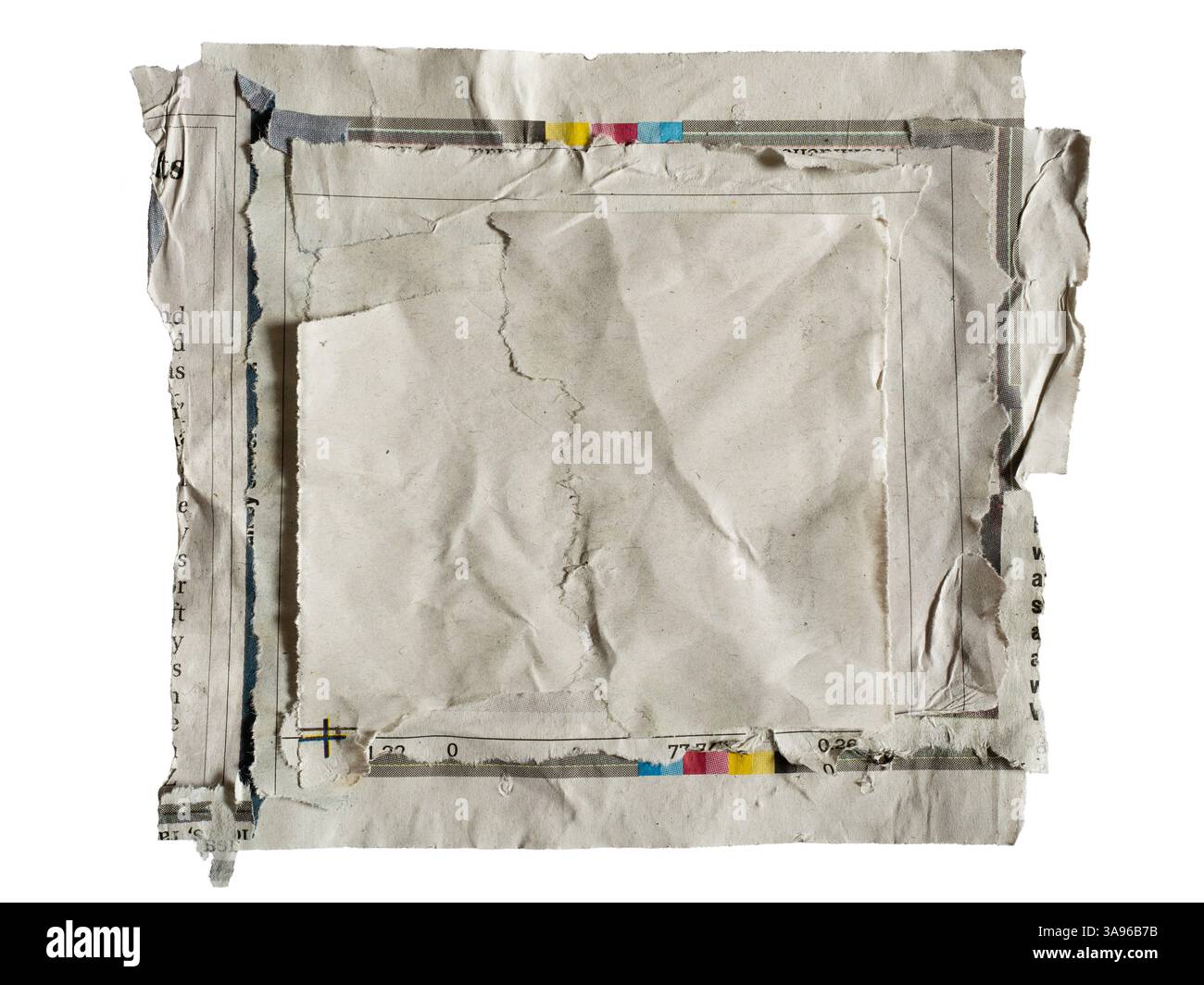 Square shape made of a collage of torn old newspaper on white ...