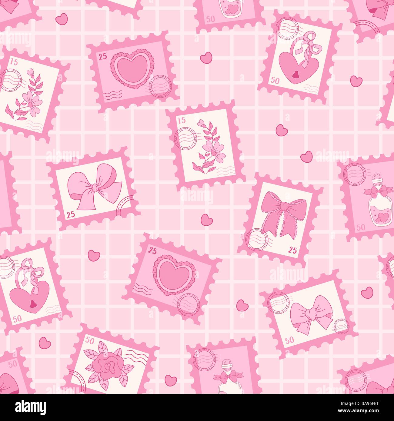 Pink Coquette Seamless Pattern. Romantic Postage Stamps with Ribbon Bow ...