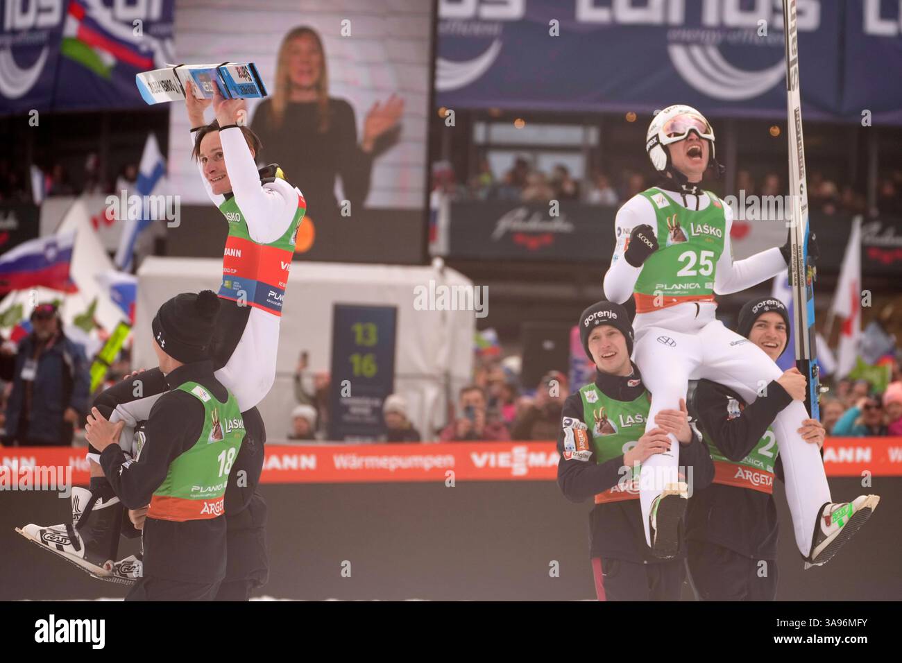 Slovenia's Domen Prevc, left, and Slovenia's Anze Lanisek celebrate ...