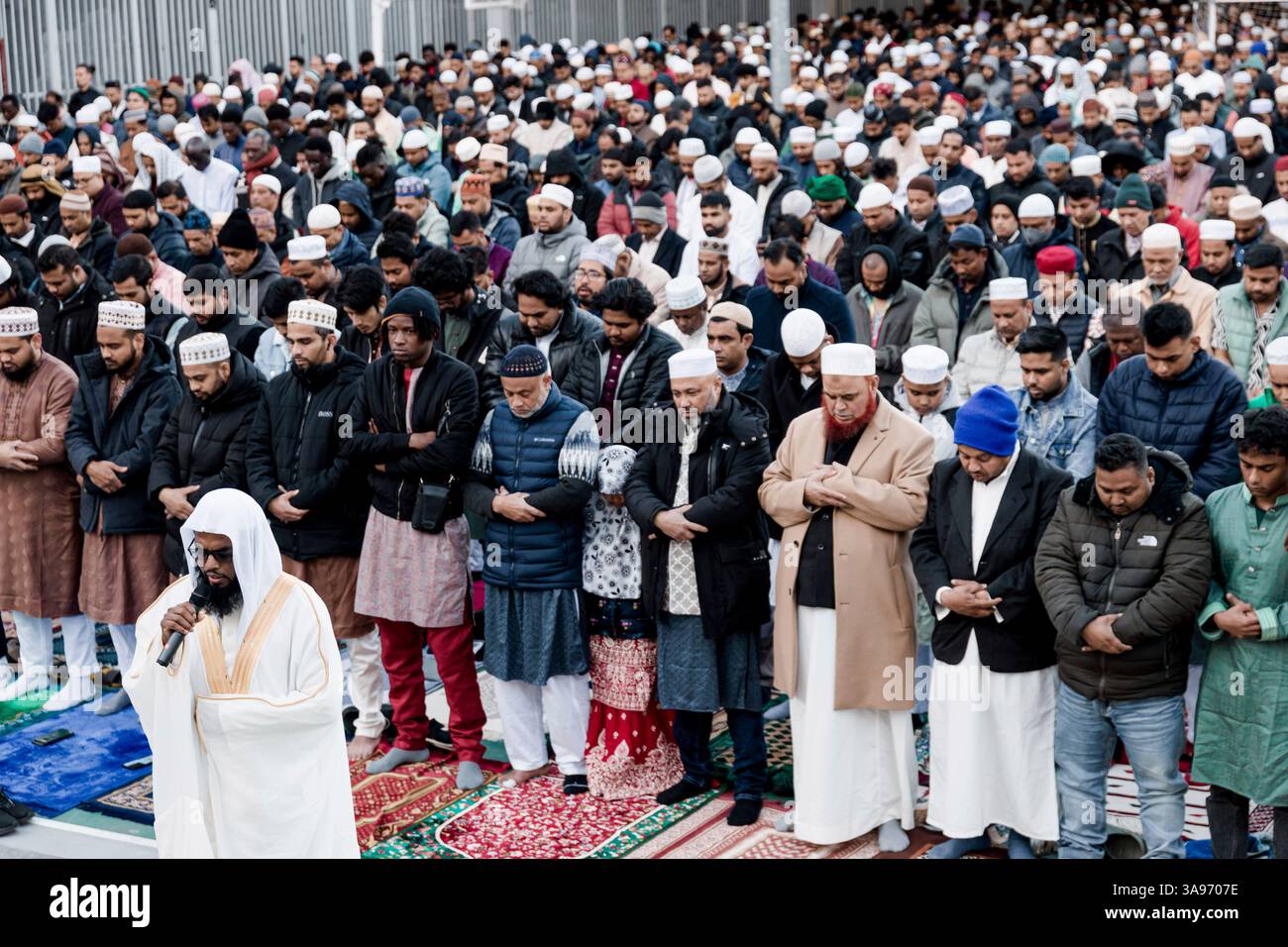 Dozens of people during a prayer on the last day of Ramadan, at the ...