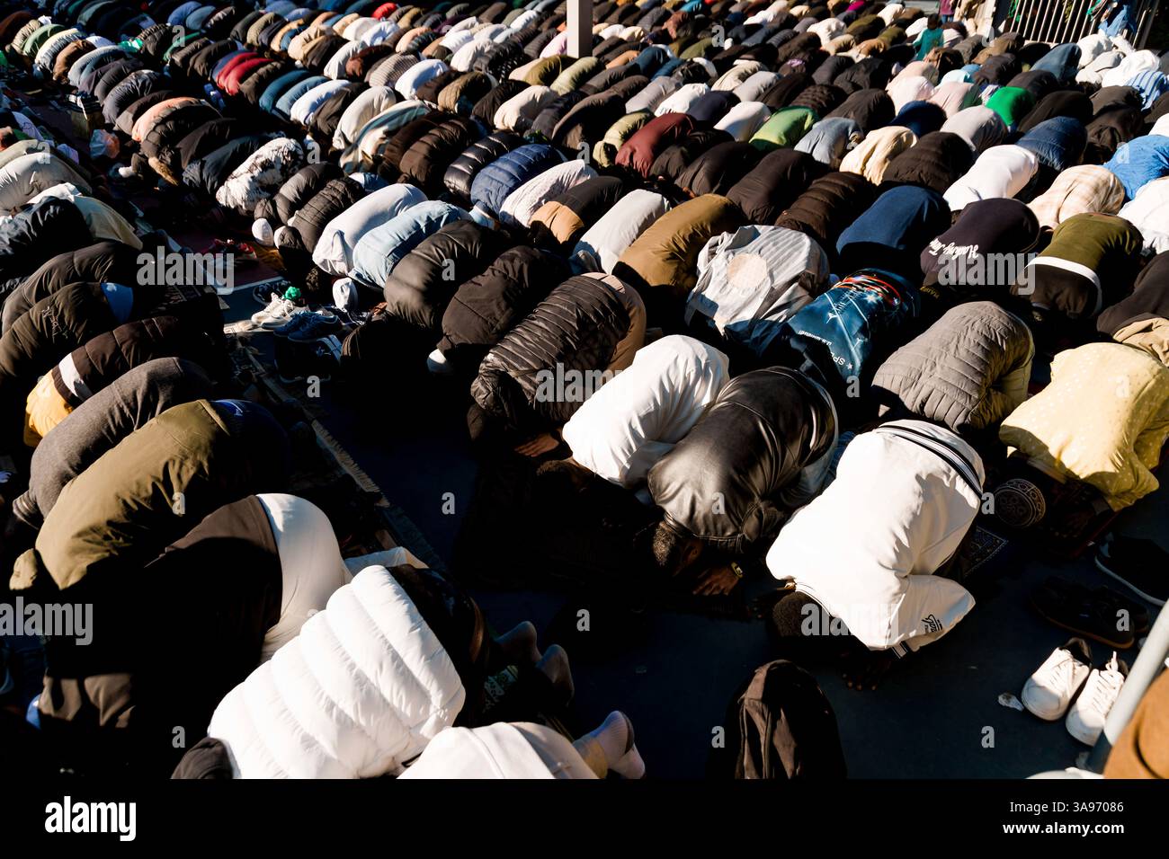 Dozens of people during a prayer on the last day of Ramadan, at the ...