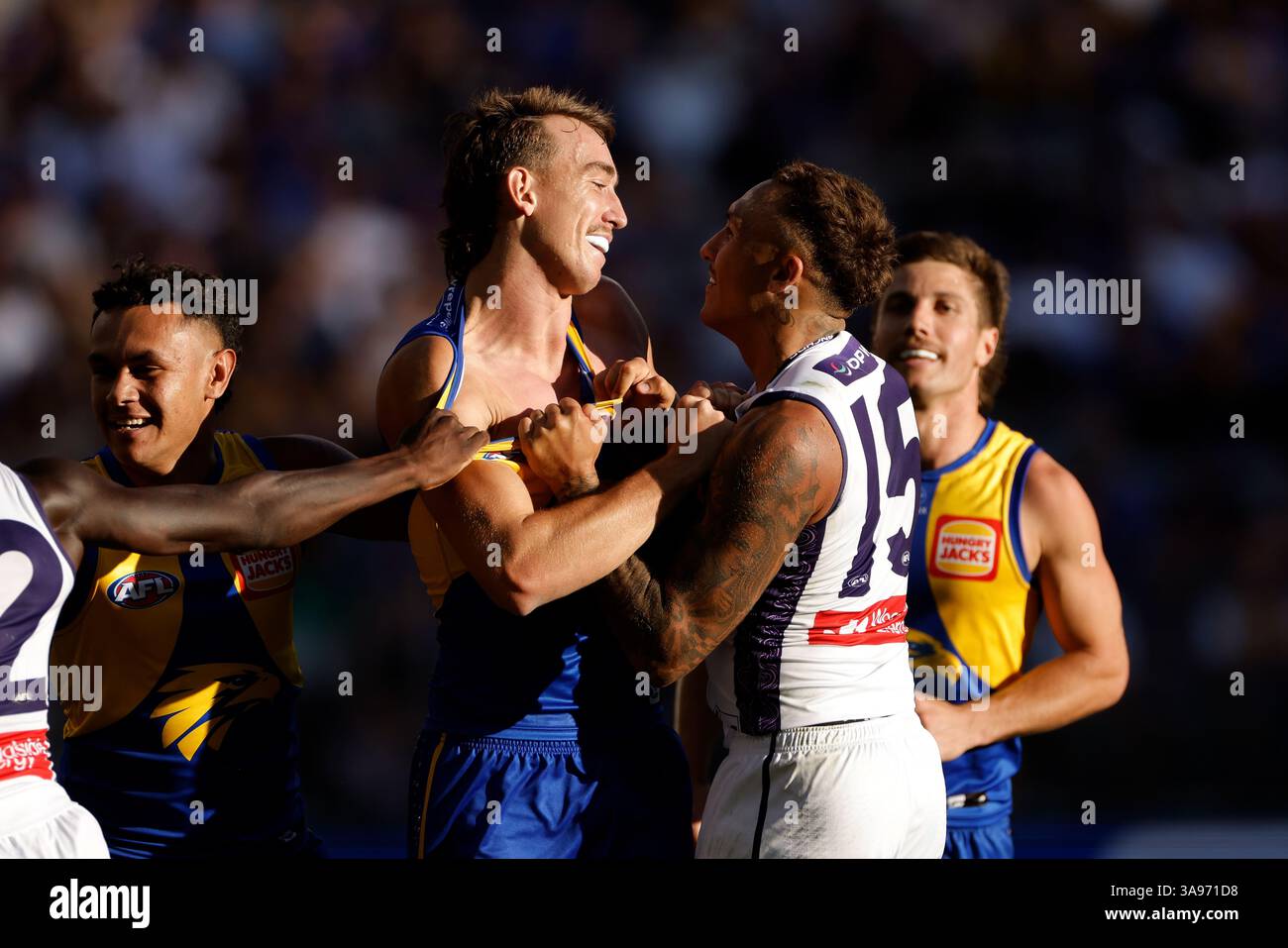 Perth, Australia. 30th Mar, 2025. Brady Hough of the Eagles and Shai ...