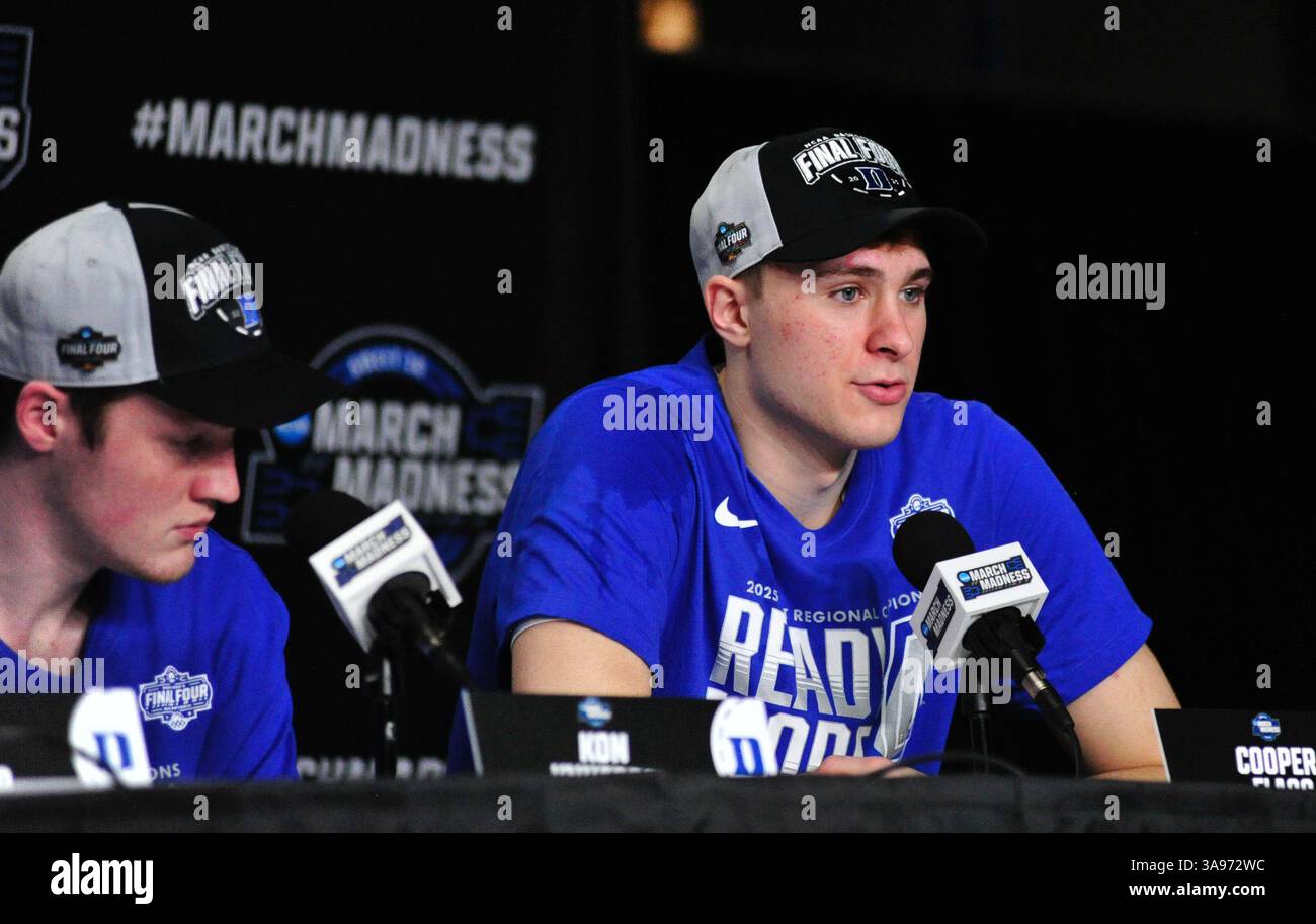 Duke's Cooper Flagg (2) talks at the post game press conference after ...