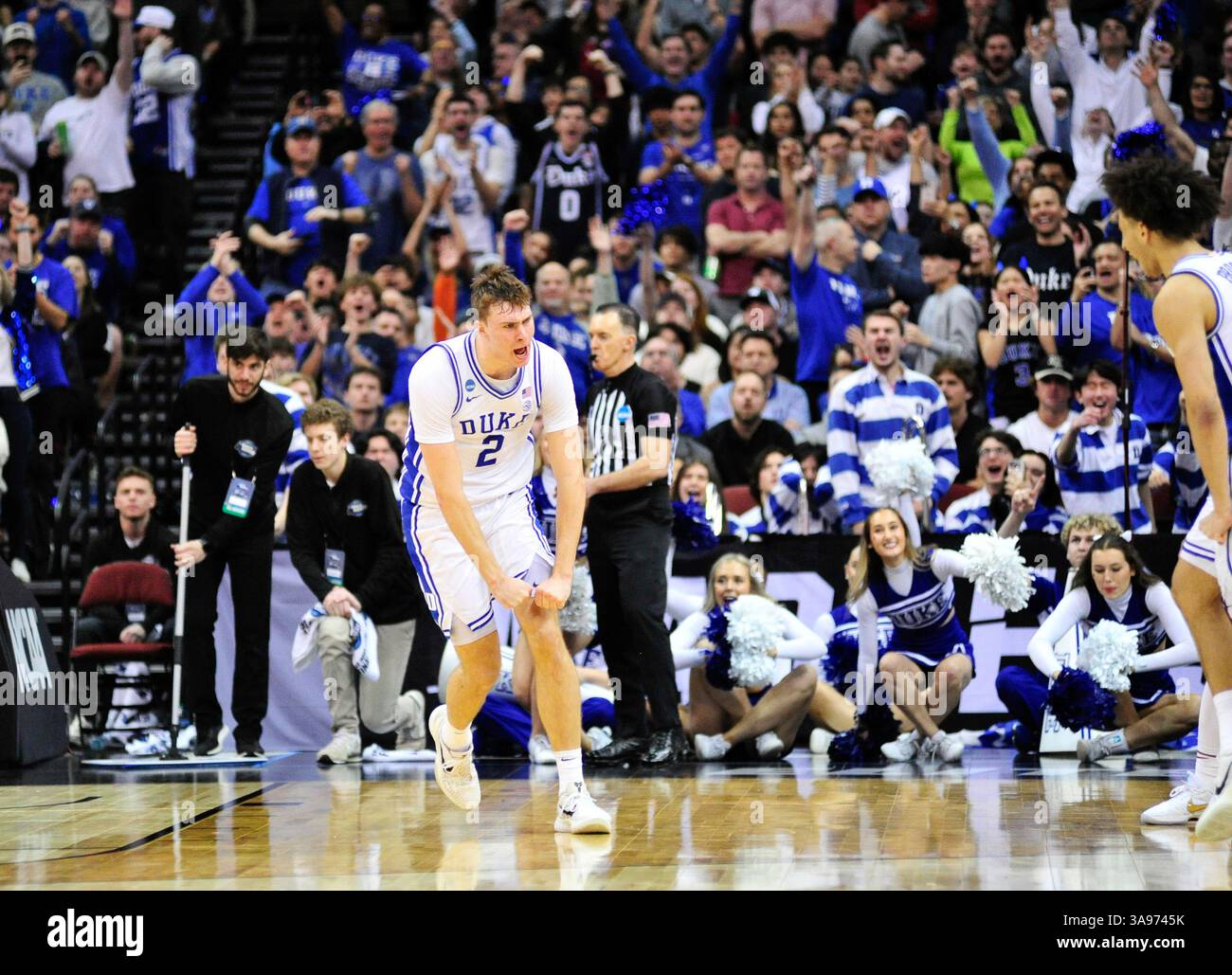 Duke's Cooper Flagg (2) celebrates during the East Regional Elite 8 Men ...