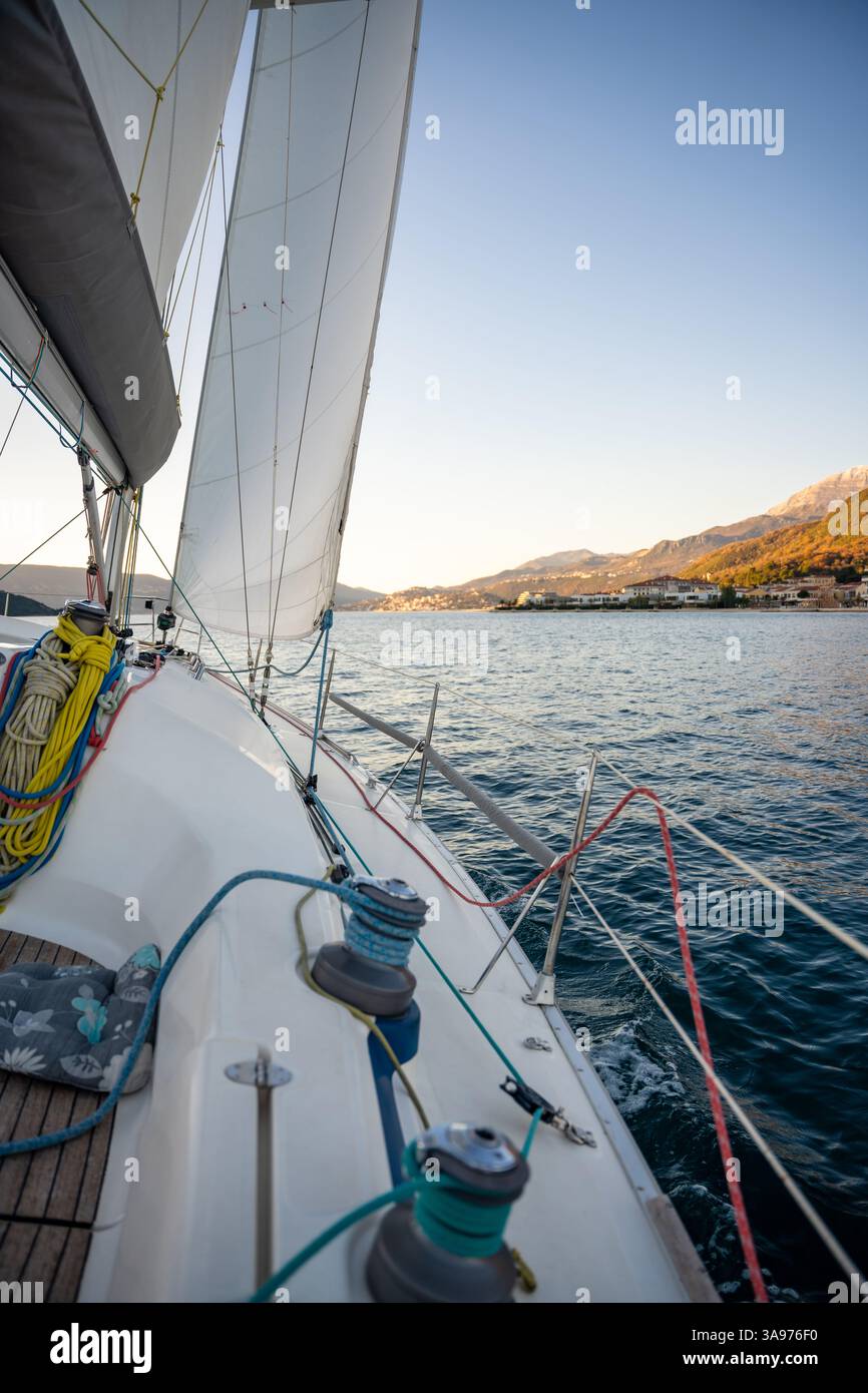 Yacht sailing in Adriatic sea. Close-up view of the deck, mast and ...