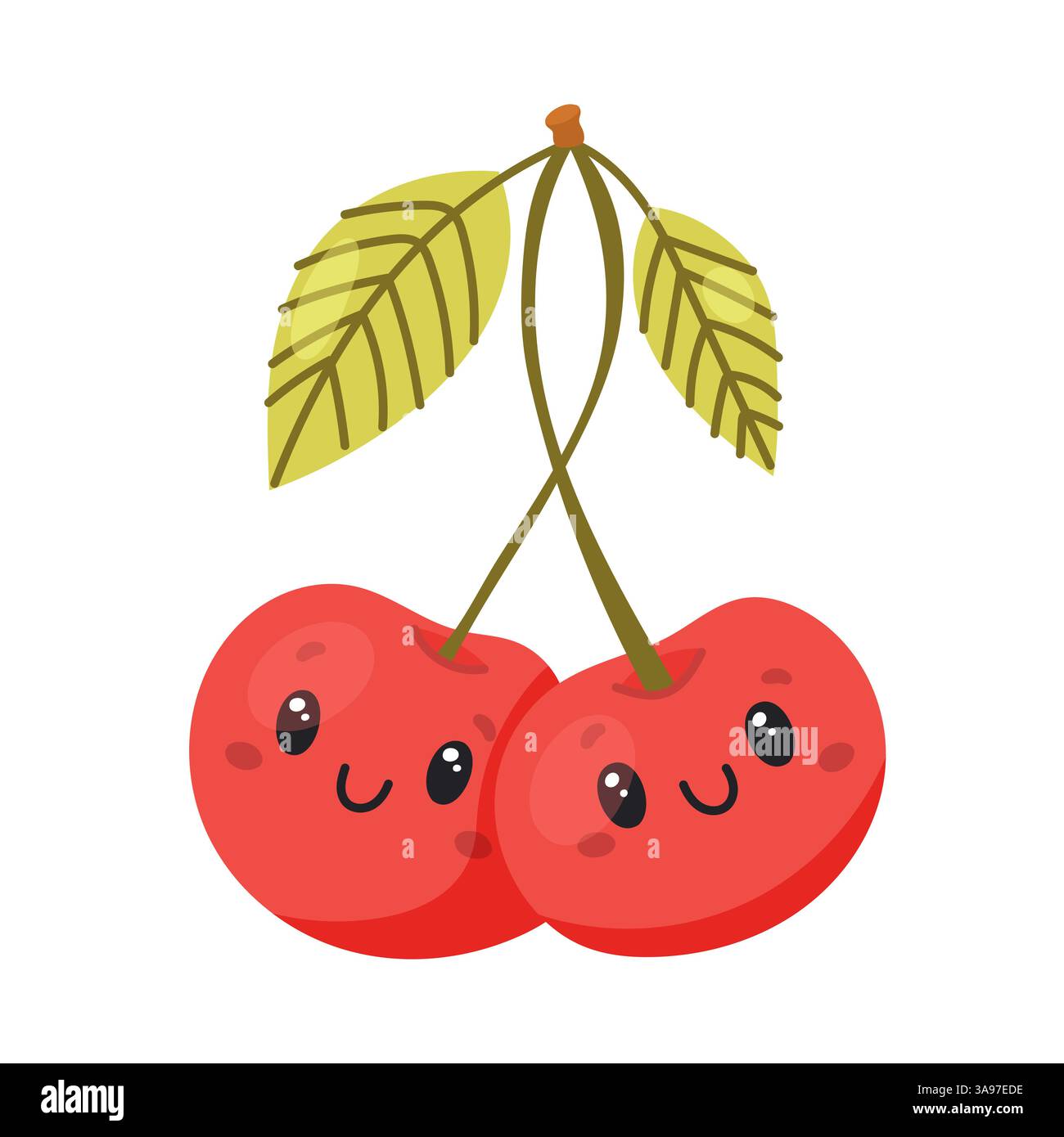 Two happy cartoon cherries with faces and green leafy stems Stock ...