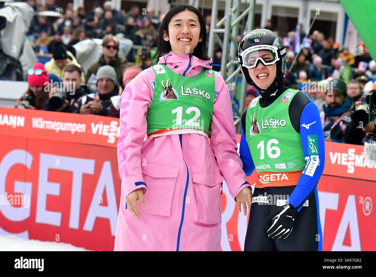 Planica, Slovenia, March 30th 2025: Naoki Nakamura of Japan (L) and Ren ...
