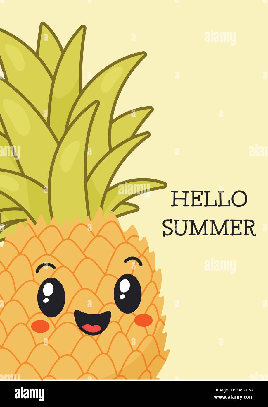 Happy pineapple character with green crown and hello summer text Stock ...