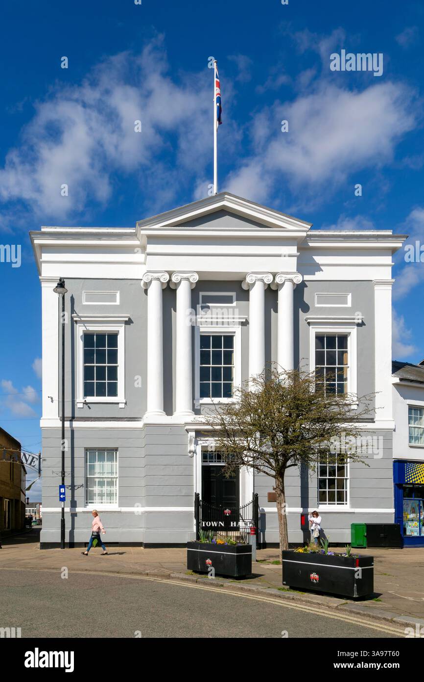Classical architecture of the historic Town hall building, Sudbury ...