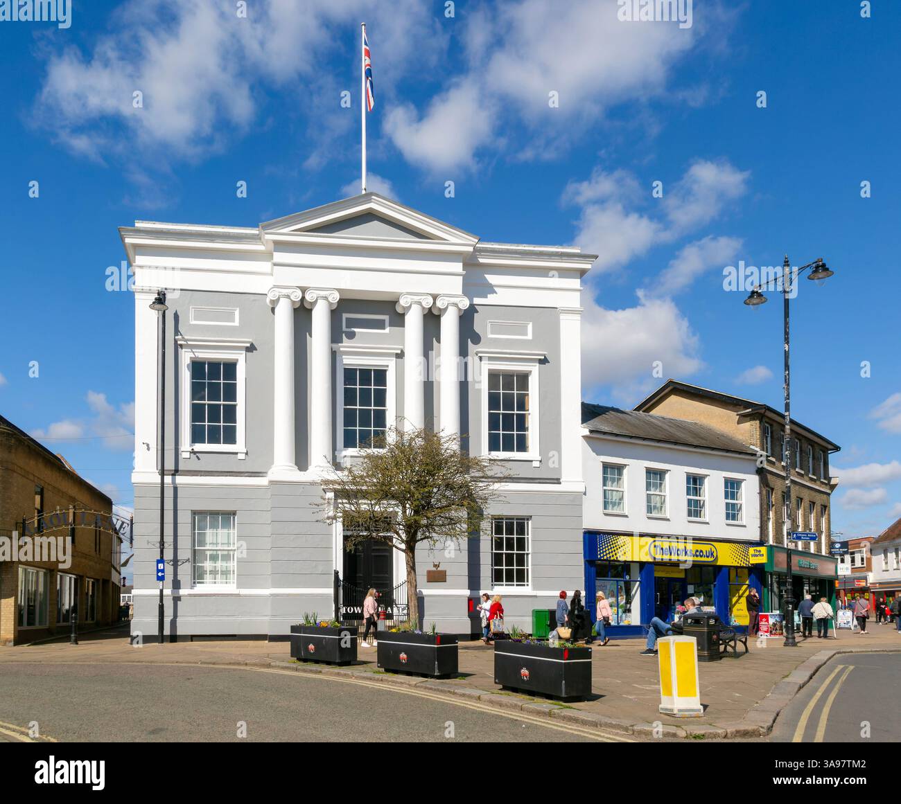 Classical architecture of the historic Town hall building, Sudbury ...