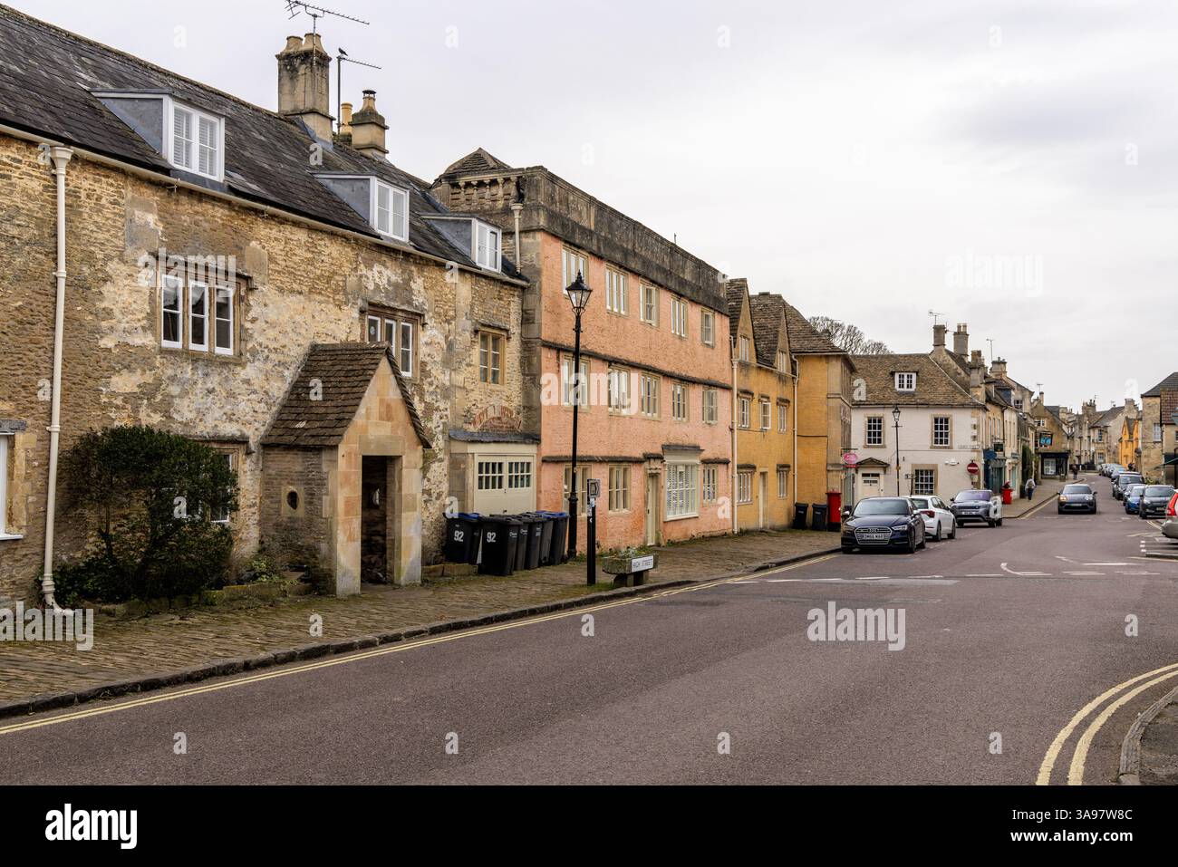 Historic buildings in the High Street of the market town of Corsham ...